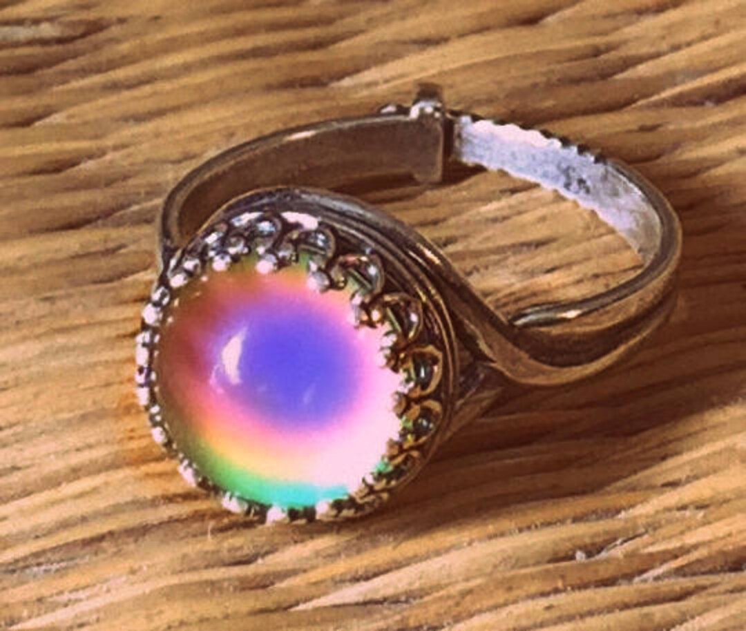 STERLING Silver 925 Mood Ring Small Round Crown Colorful Aurora Rainbow Adjustable Band Jewelry ...