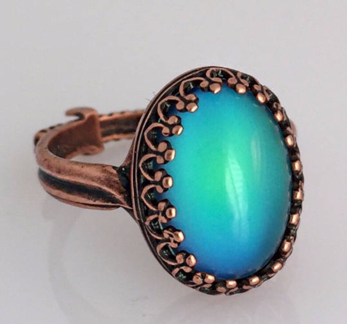 MOOD RING Copper Small Oval Crown Aurora Rainbow Color Changing ...