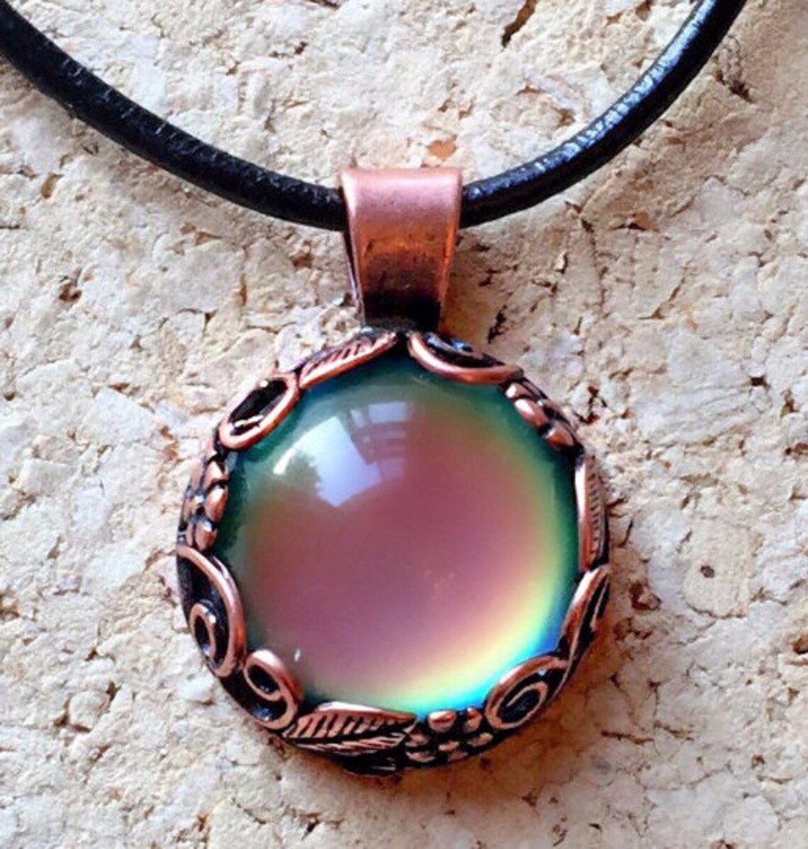 MOOD RING Necklace Copper Floral Pendant Colorful Aurora Rainbow Color ...