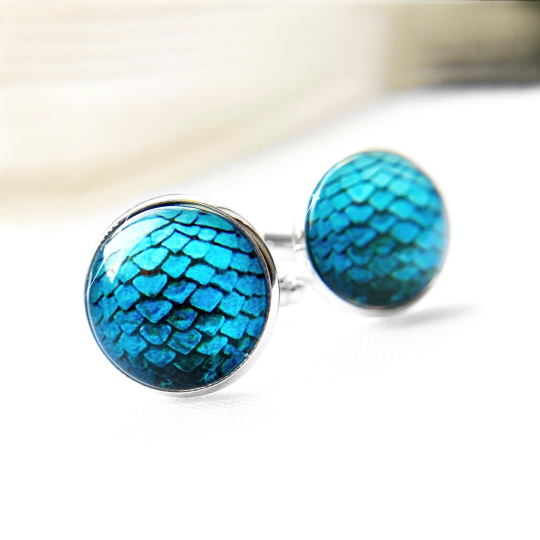BLUE DRAGON CUFFLINKS Dragon Scales Sea Monster Blue Mermaid | Gift for ...