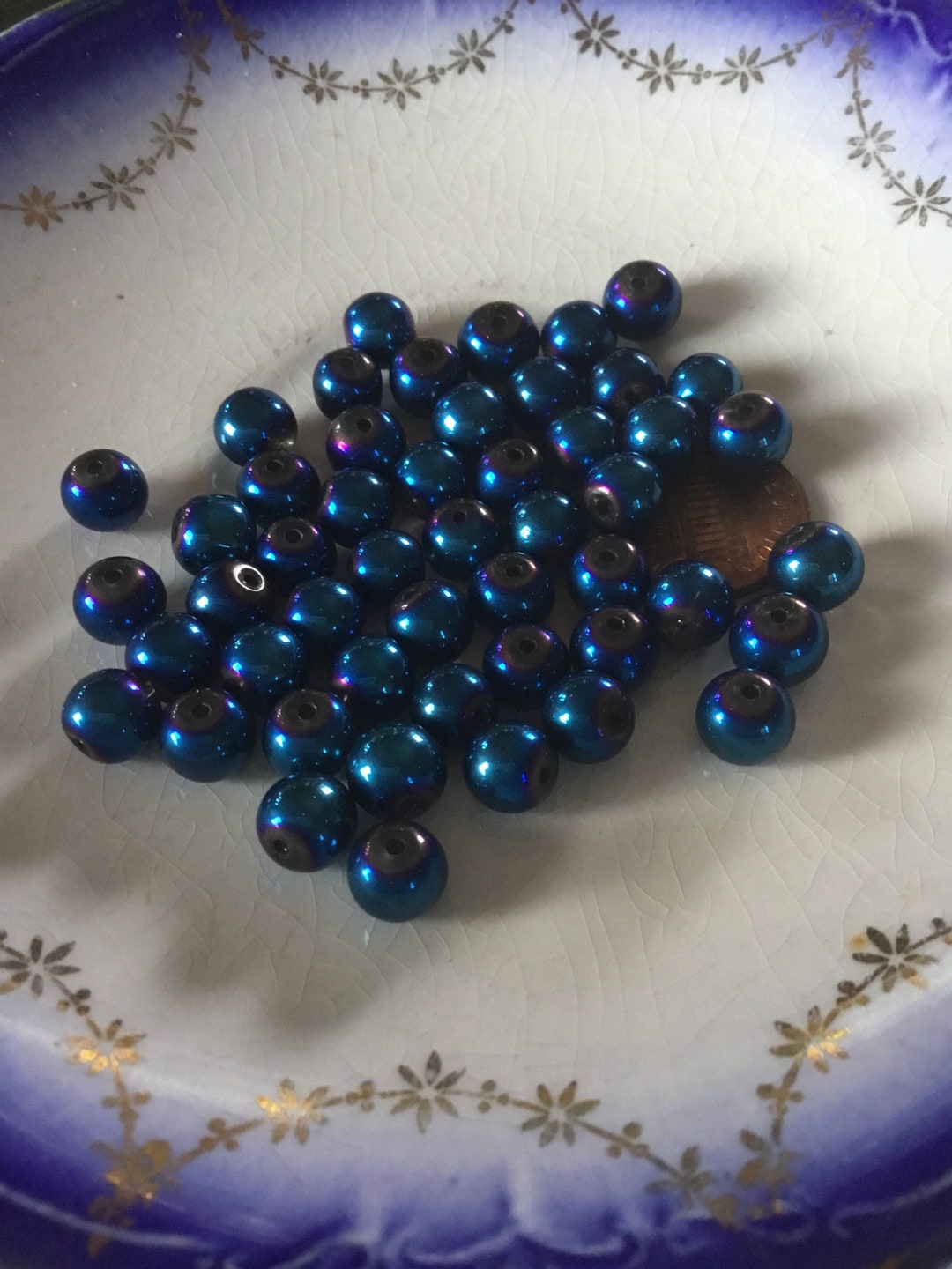 Peacock Blue Purple Beads, Blue Glass Pearls, 50 Bead Lot, Purple Iris ...