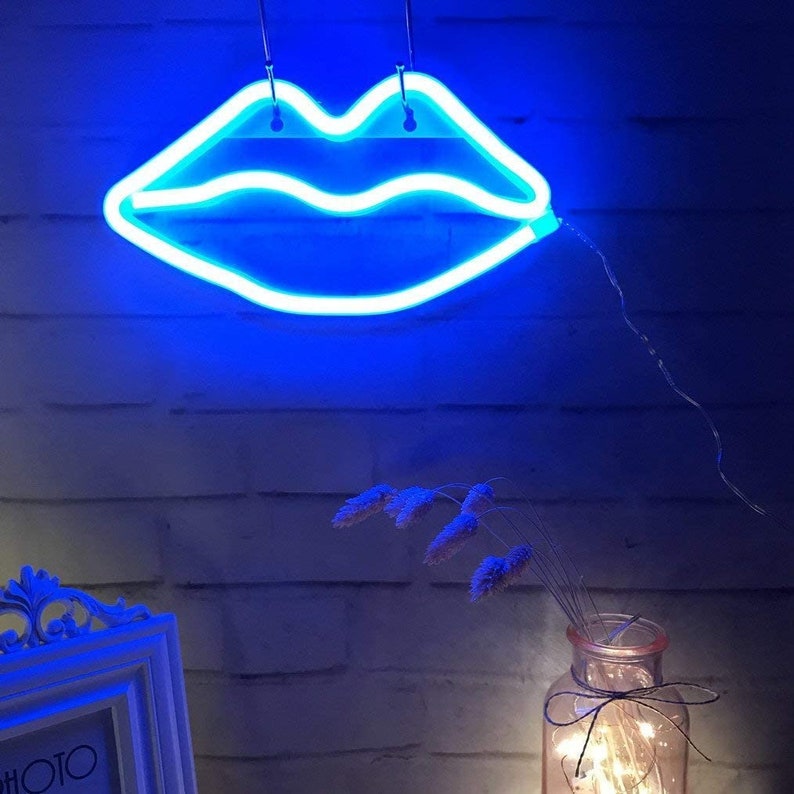 Lip Blue Shape Neon Signs Led Kiss Neon Light Sign Art Wall Etsy