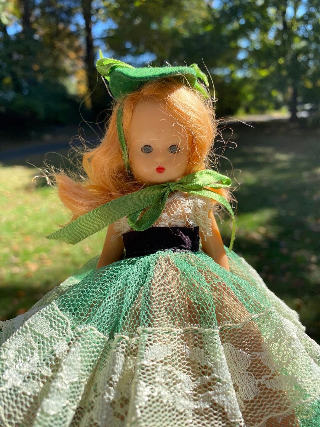 Nancy Ann Storybook Doll Green Gown With Lace Trim Matching Hat Plastic ...