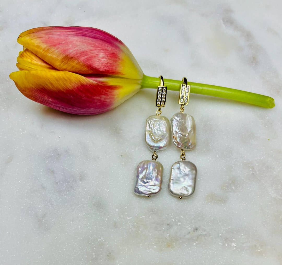 Elegant Baroque Pearls, Two Zircon Lines in a Delicate Square Hook ...