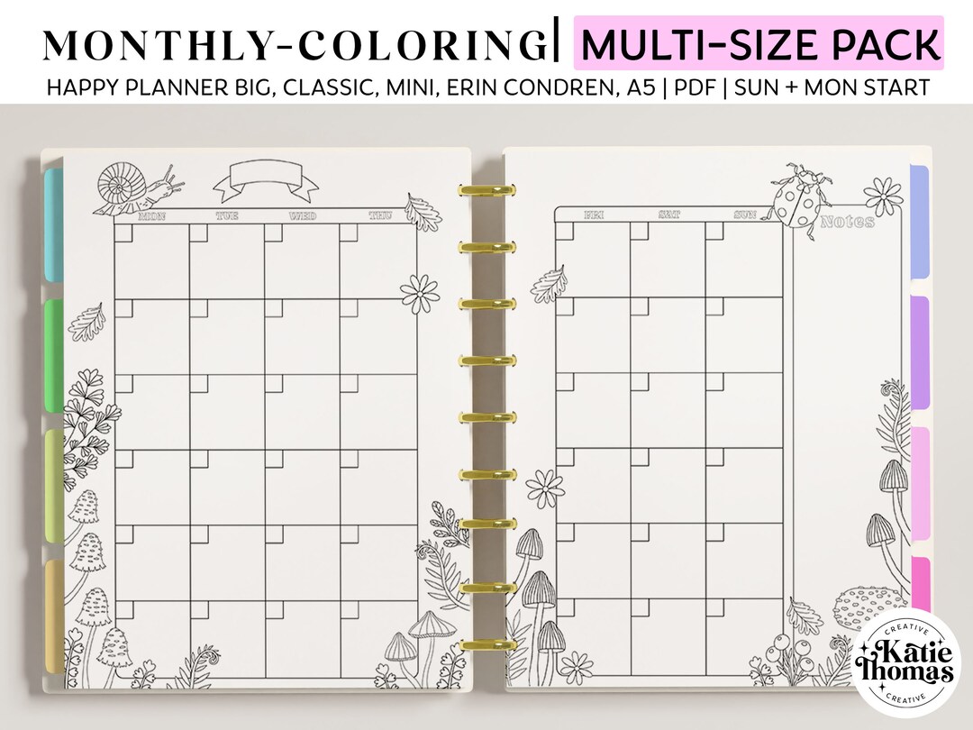 MONTHLY Coloring Printable Planner Pages for Happy Planner - Etsy