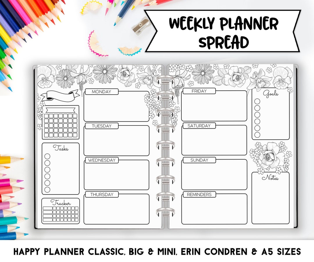 Printable Colouring WEEKLY Planner Inserts for Happy Planner - Etsy