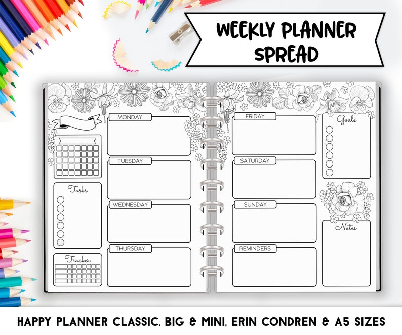 Printable Colouring WEEKLY Planner Inserts for Happy Planner - Etsy