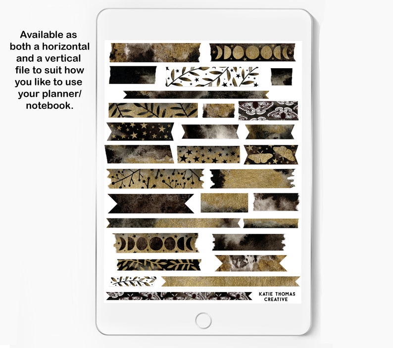 Black and Gold Digital Planner Stickers Watercolor Washi Tape | Etsy