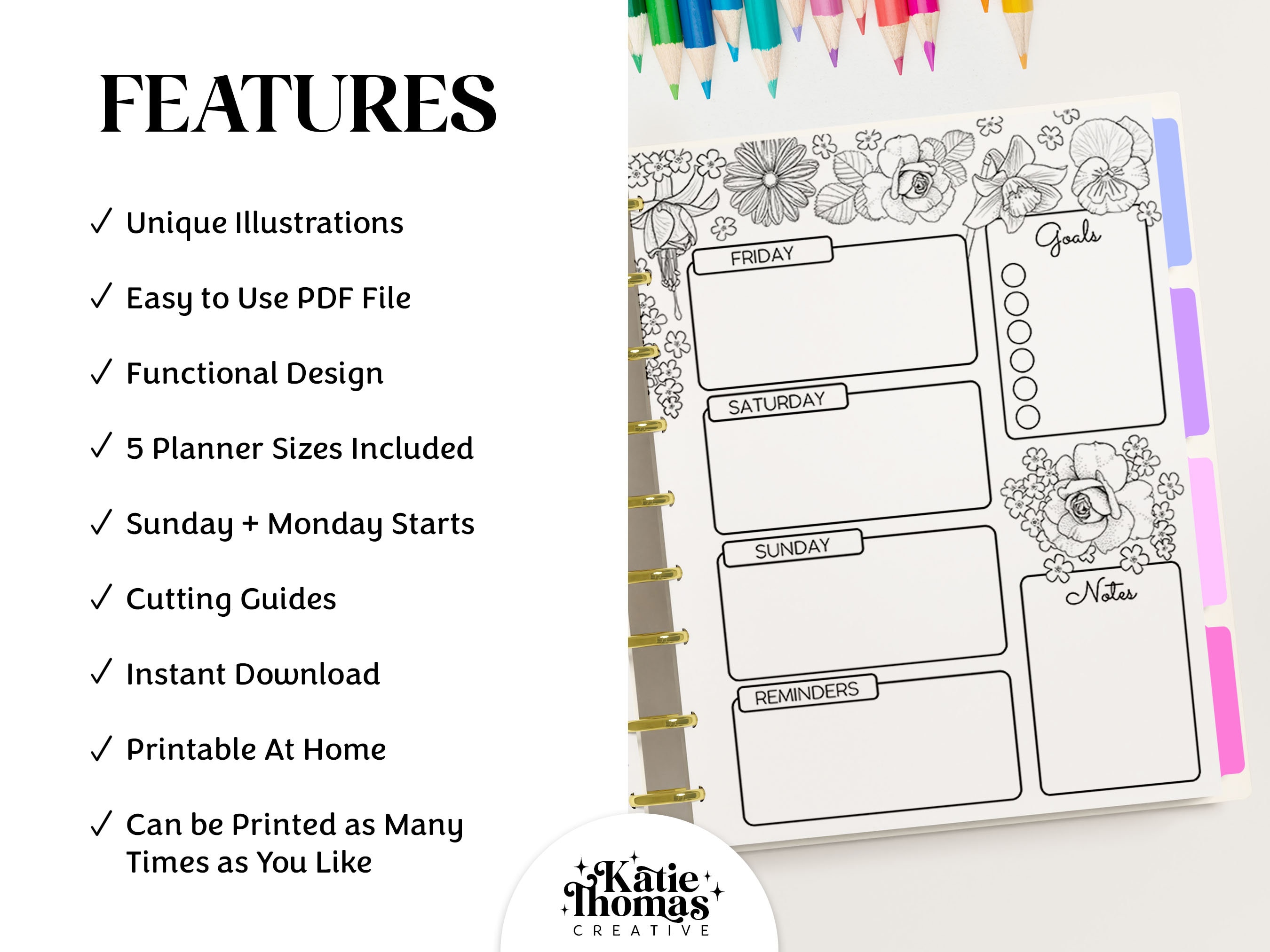 Printable Colouring WEEKLY Planner Inserts Fits Happy Planner Classic ...