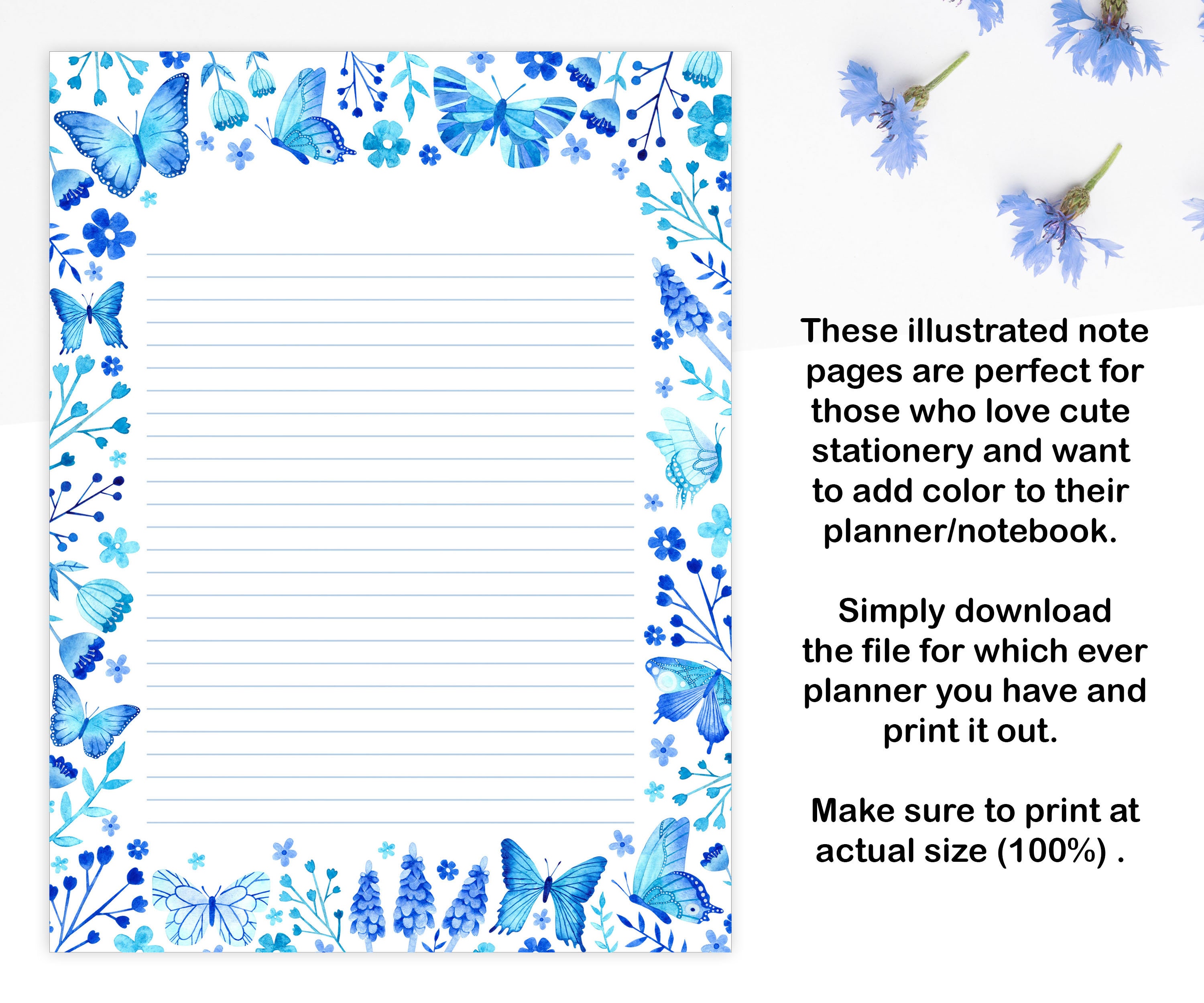 Blue Butterfly Floral Printable Note Pages Printable | Etsy