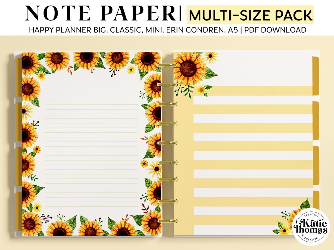 Sunflower Note Paper Planner Inserts for Happy Planner Classic, Big ...