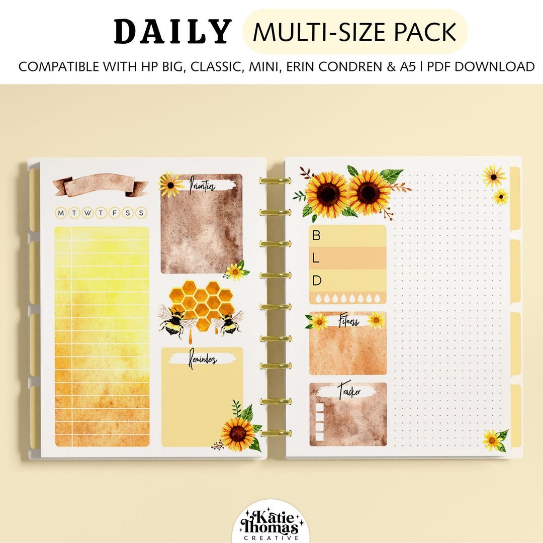 DAILY Planner Inserts - Sunflower Bee Printable Pages Fits A5, Happy ...