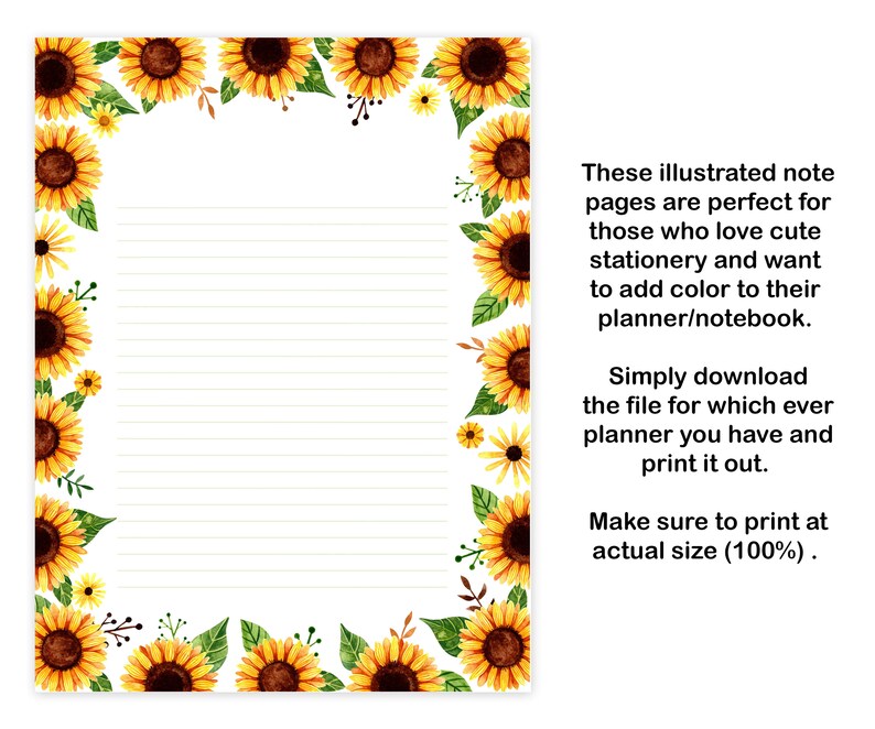 Sunflower Note Paper Planner Inserts for Happy Planner - Etsy
