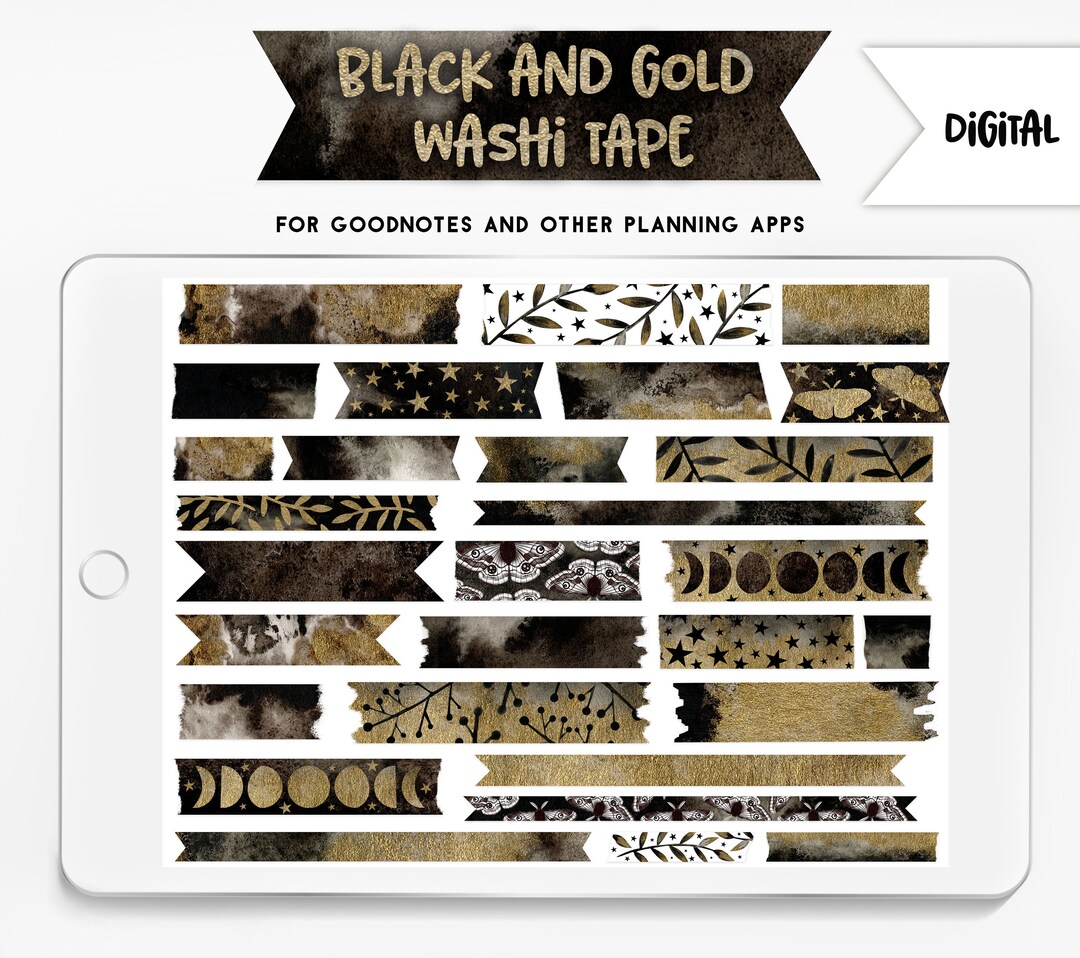 Black and Gold Digital Planner Stickers, Watercolor Washi Tape Set, PNG ...