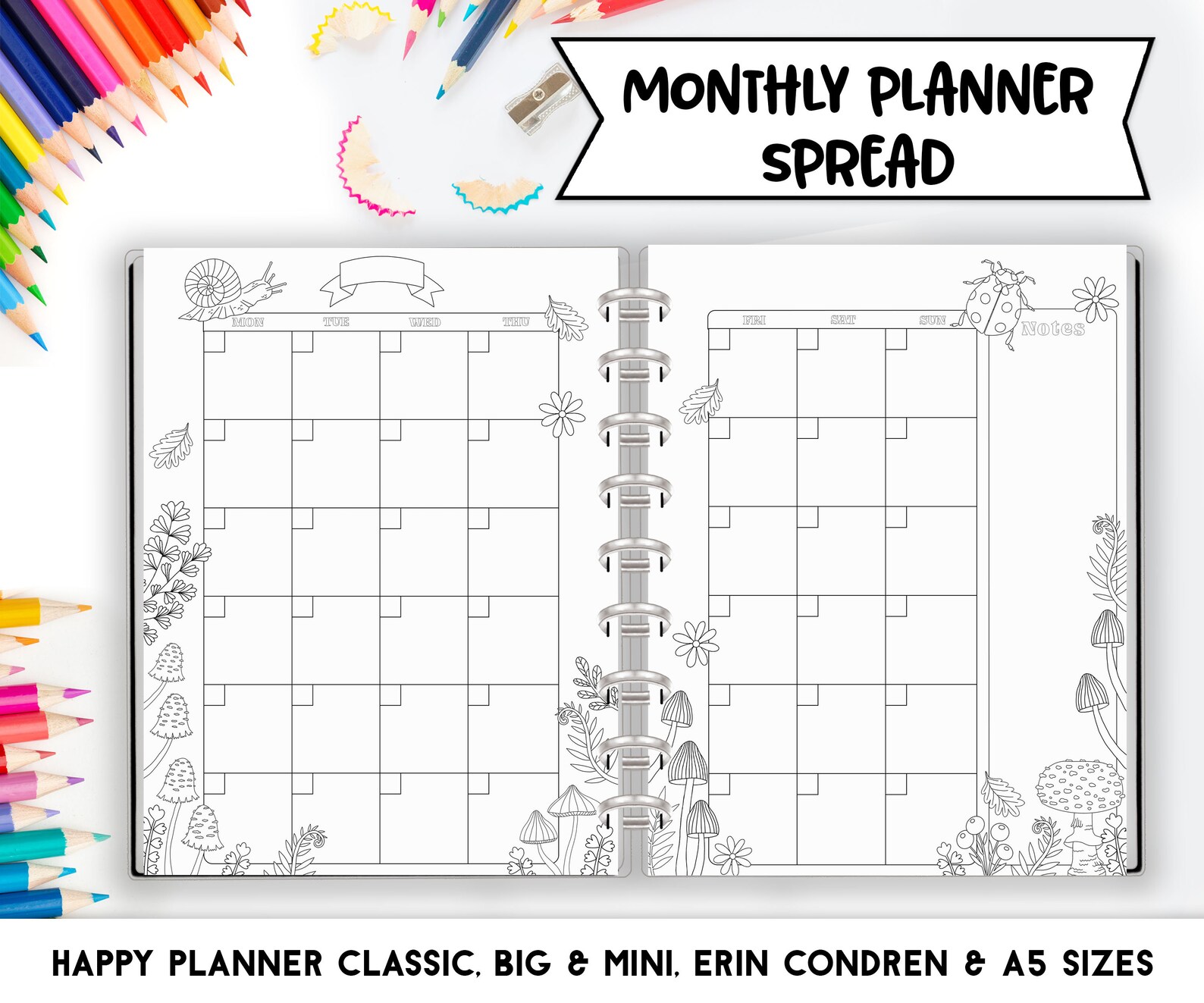 MONTHLY Coloring Printable Planner Pages for Happy Planner - Etsy