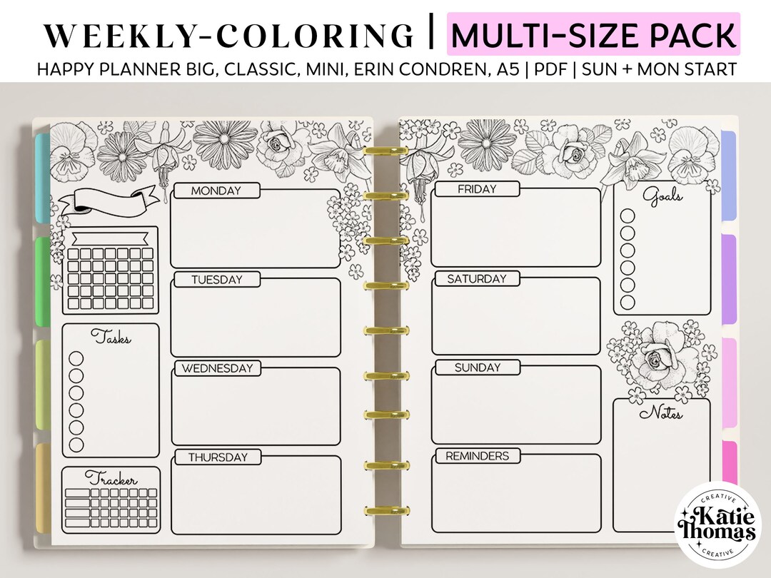 Printable Colouring WEEKLY Planner Inserts for Happy Planner Classic ...