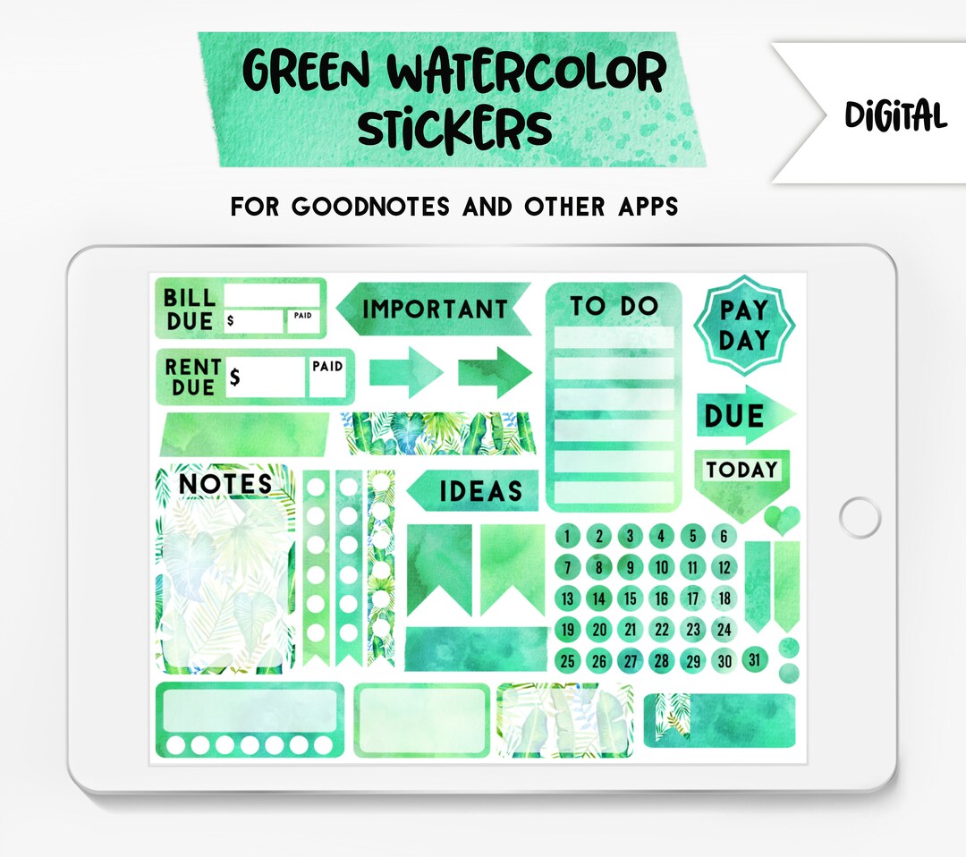 Green Watercolor Digital Planner Stickers for Digital Planning and ...
