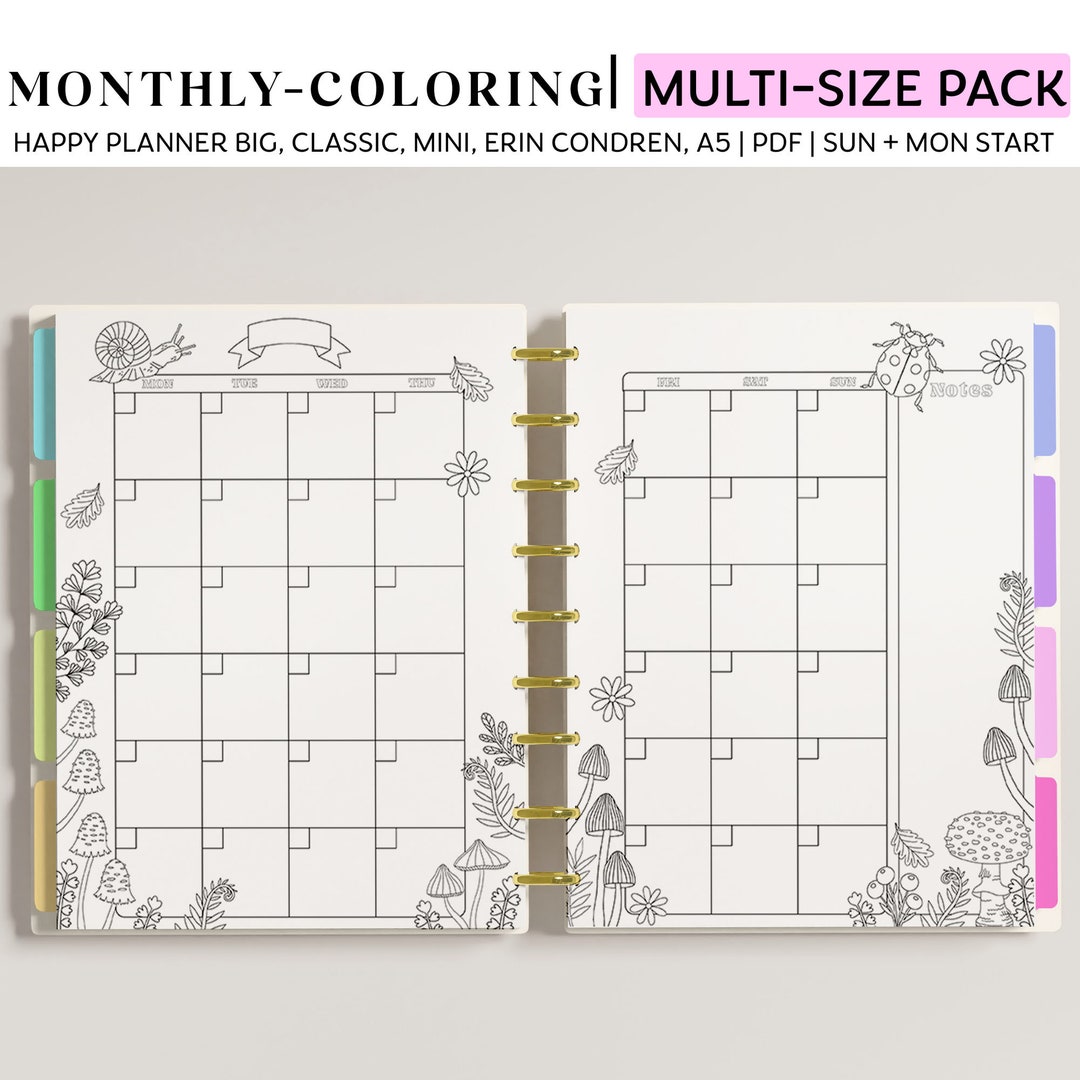 MONTHLY Coloring Printable Planner Pages for Happy Planner Classic, Big ...