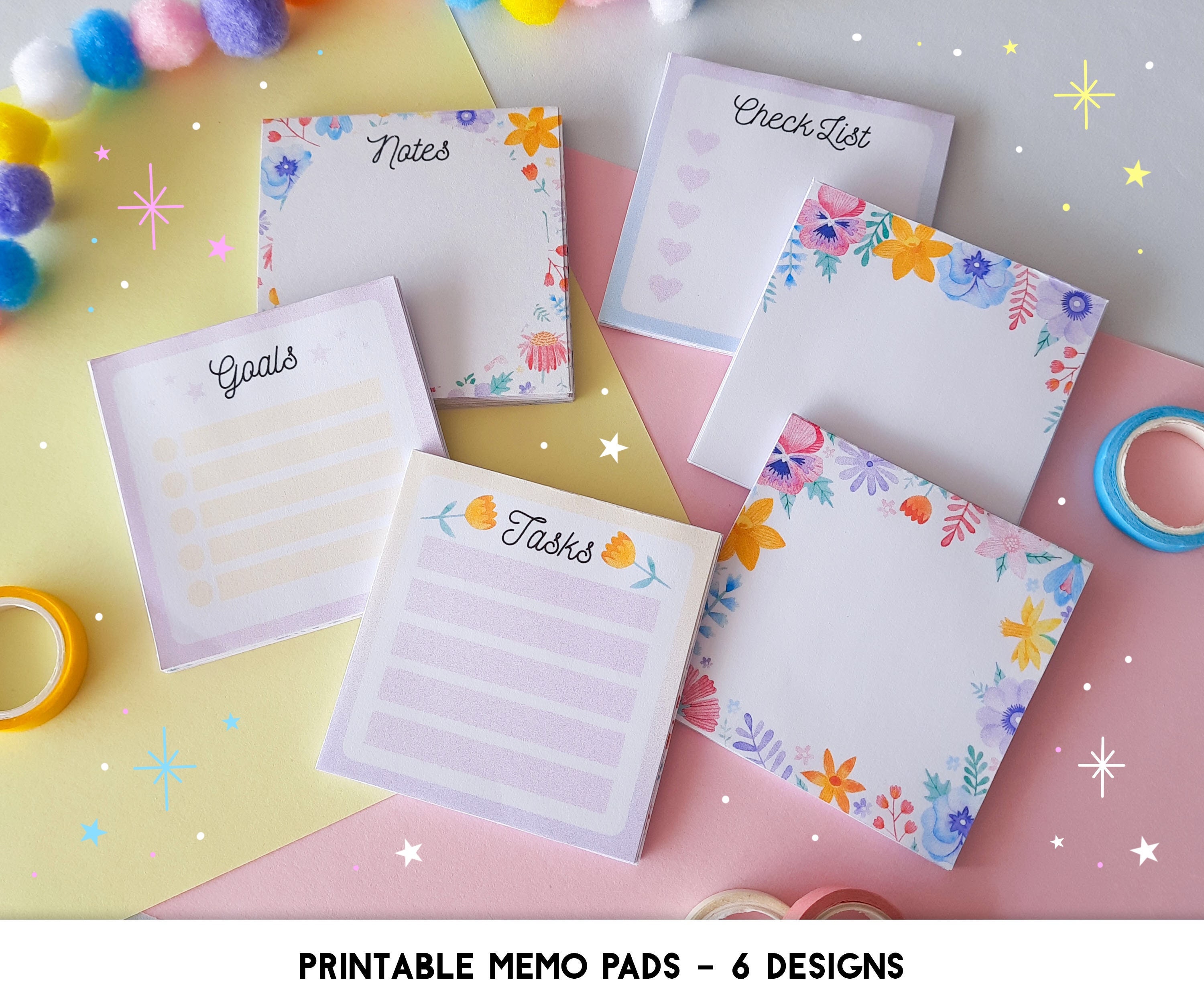 Printable Memo Pad Notes, Pastel Rainbow Floral Stationery, to Do List ...