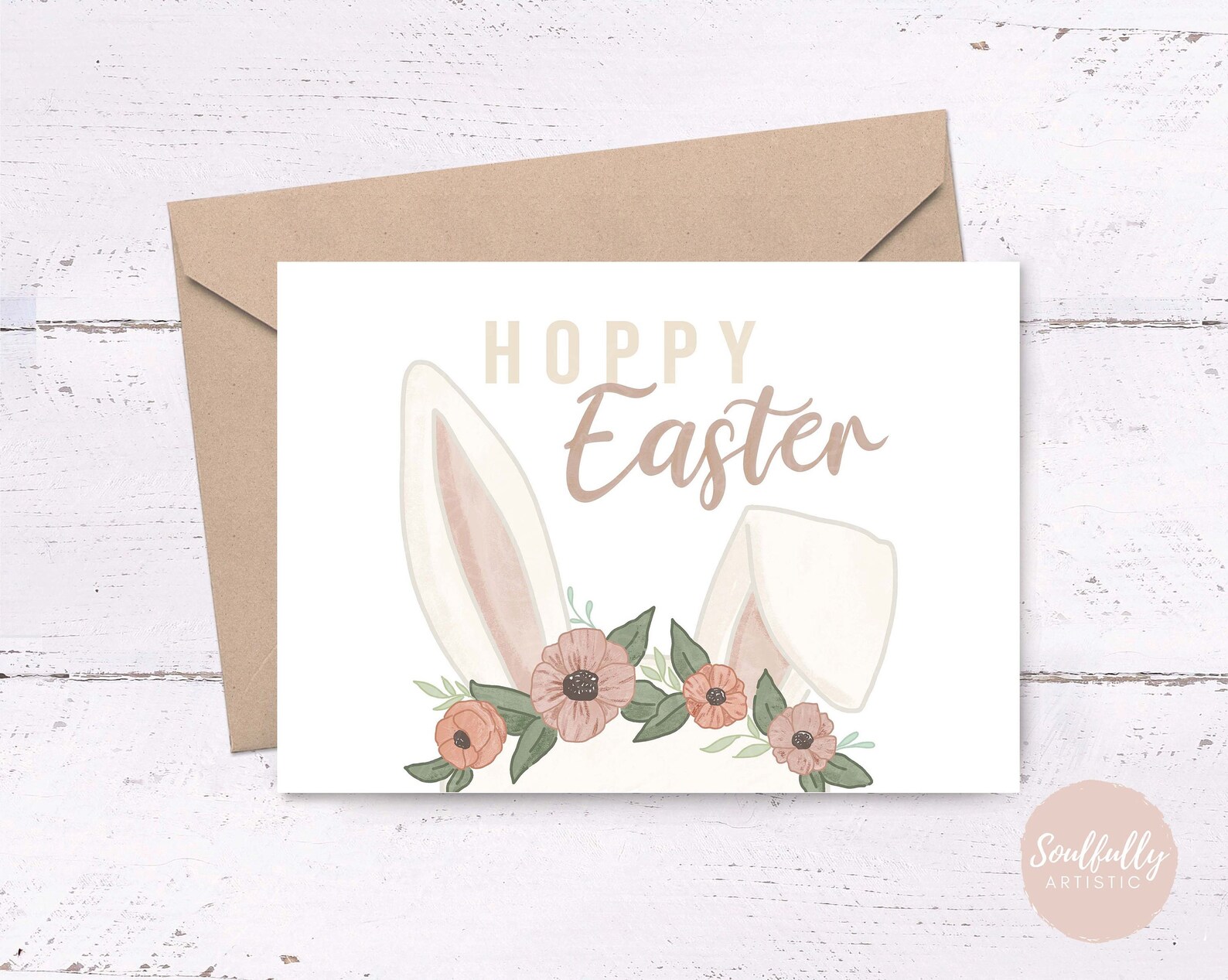 Hoppy Easter, Easter Bunny Card • Printable Card, Floral Illustrated ...