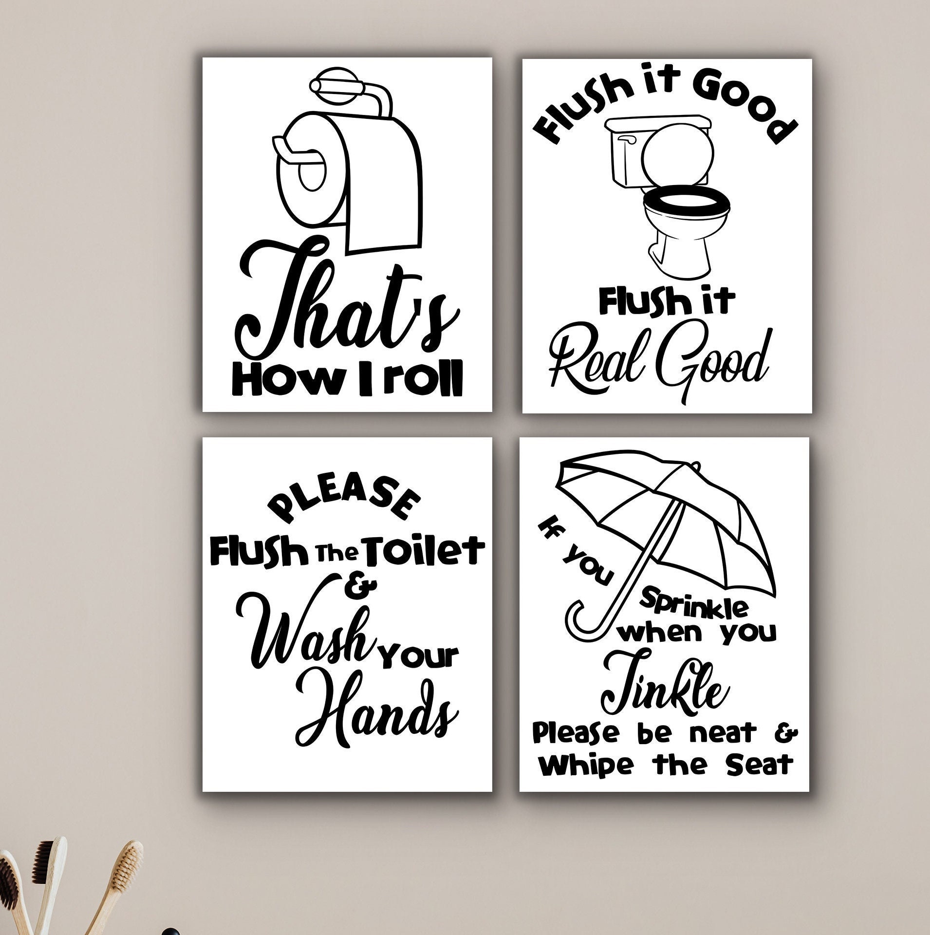 Prints Art & Collectibles Bathroom Set of 4 Funny Bathroom Art Bathroom ...