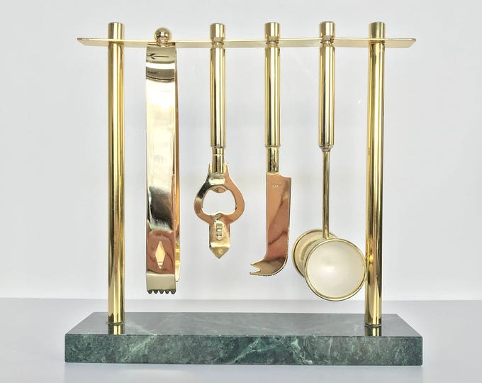 Mid Century Gold and Green Marble Bar Tool Set With Stand - Brass Color ...