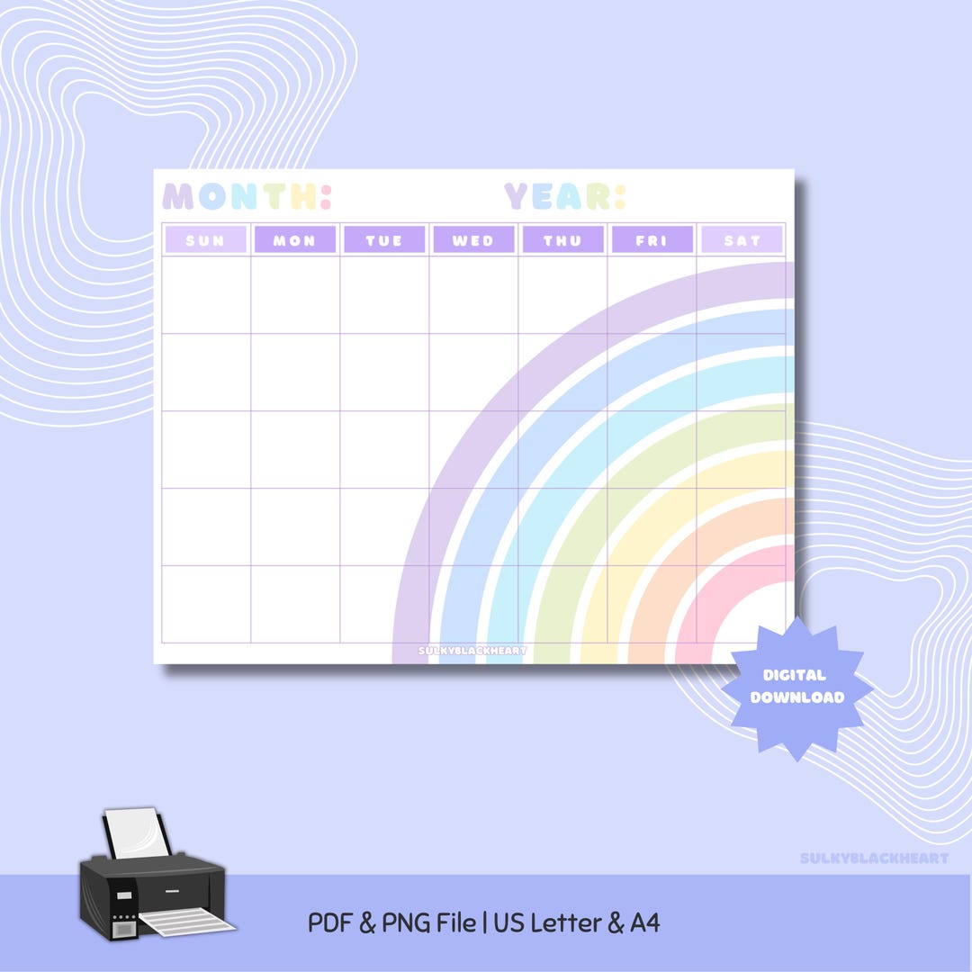 Pastel Rainbow Open Calendar Digital Download School Supplies College ...