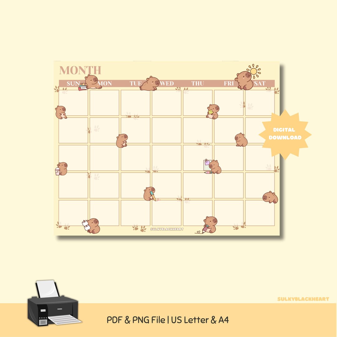 Capybara Open Calendar Digital Download School Supplies College ...