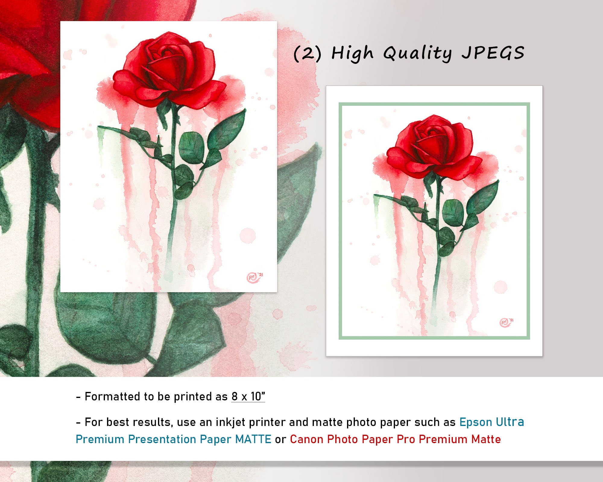 Red Rose Printable Instant Download, Watercolor Rose Print, Red Flower ...