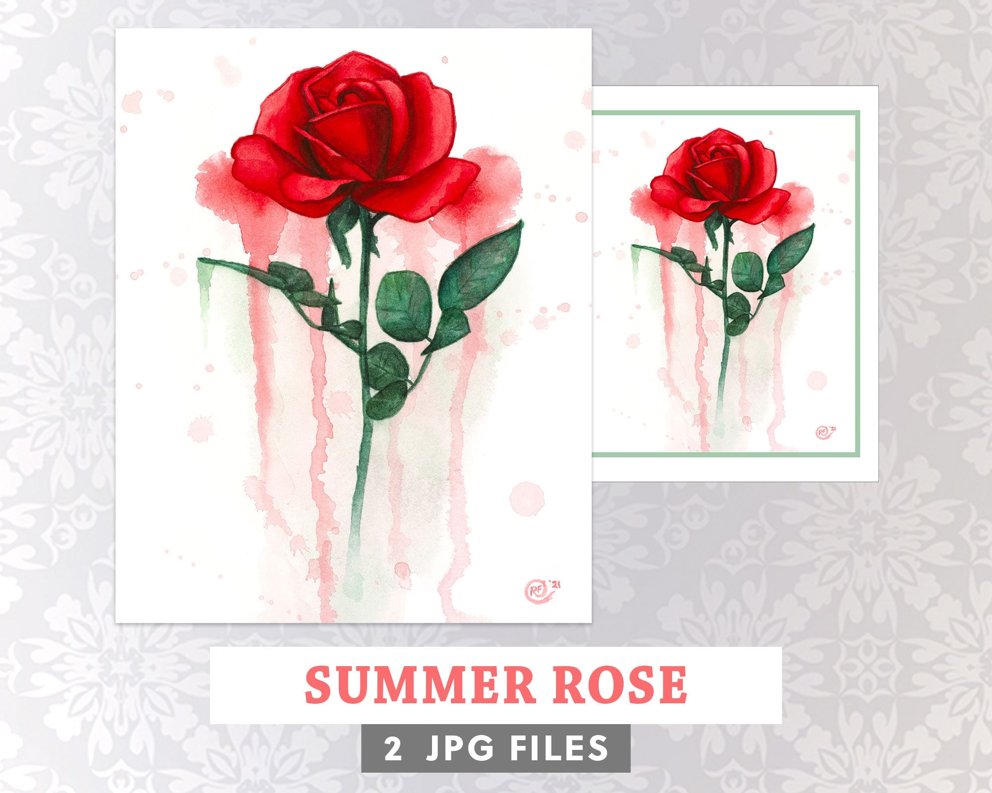 Red Rose Printable Instant Download, Watercolor Rose Print, Red Flower ...