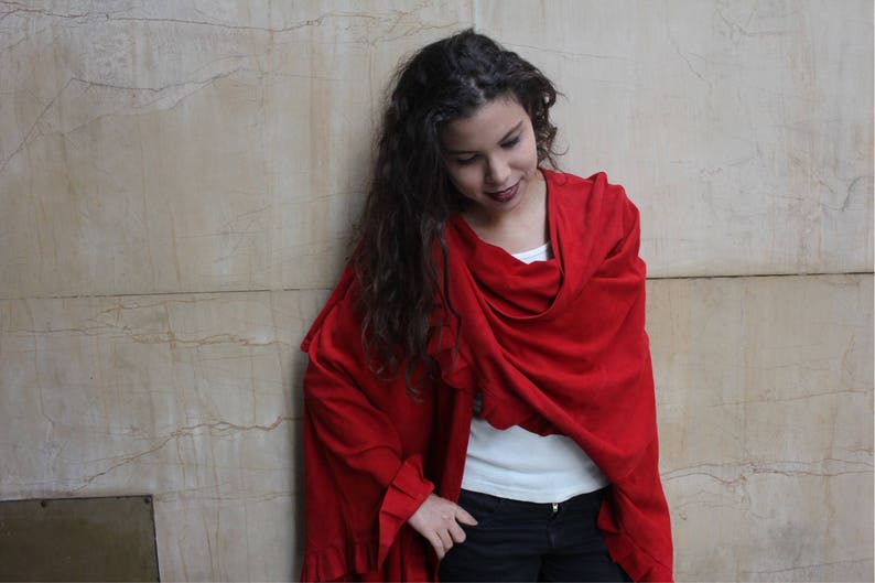 Red Cape Coat Leather Elegant Hand Sewn Customized Poncho Cardigan ...