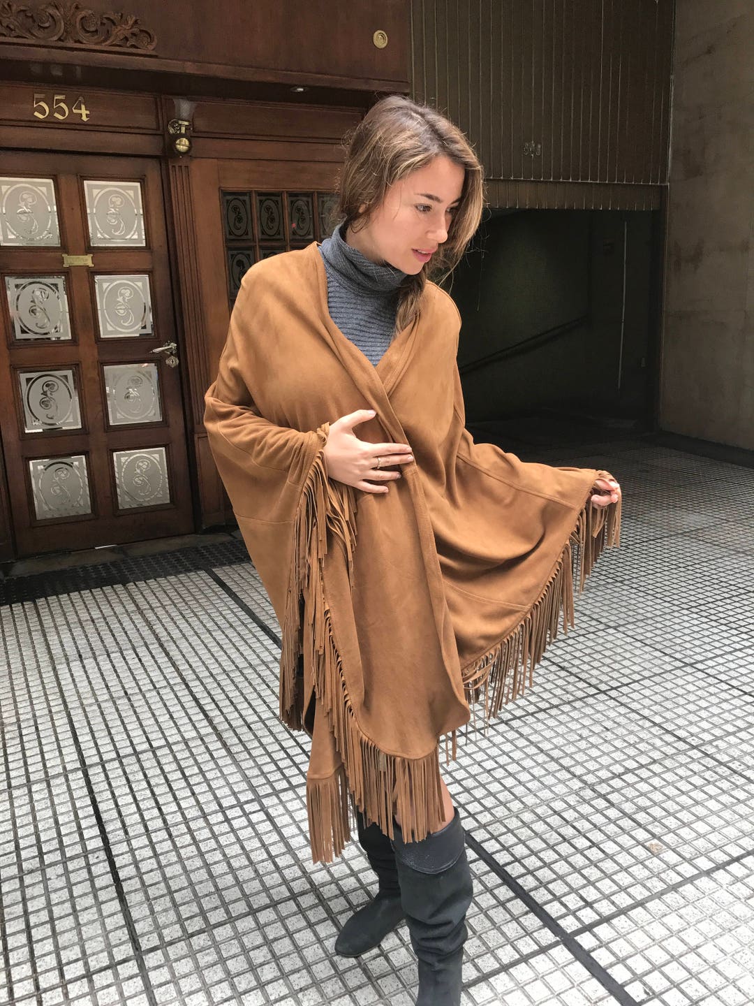 Cape Coat Leather Fringe Hand Sewn Custom Size Cardigan Mantle Brown ...