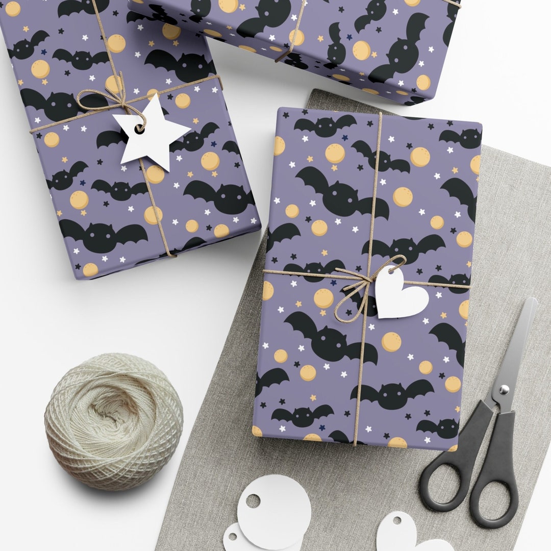 Adorable Bats Halloween Gift Wrapping Paper, Cute Grey Blue Halloween ...