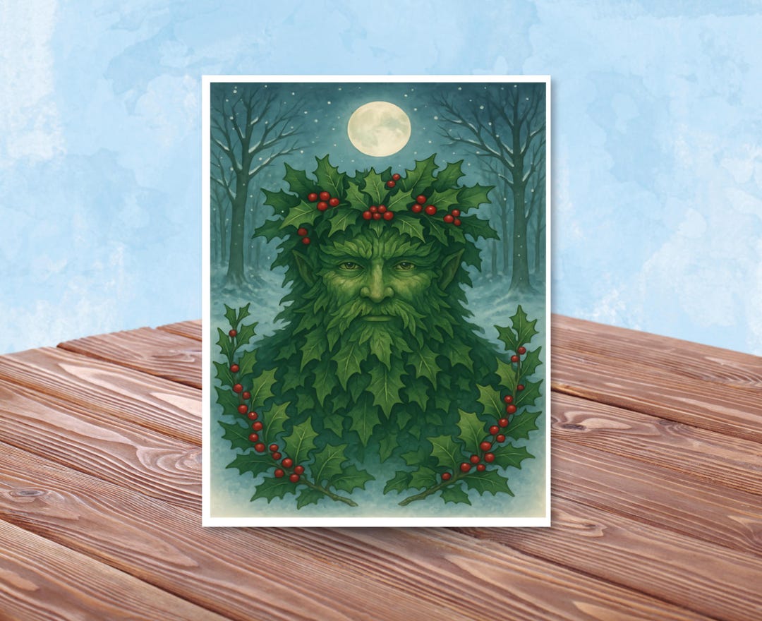 Holly Green Man Winter Solstice Card, Winter Green Man Card, Pagan ...