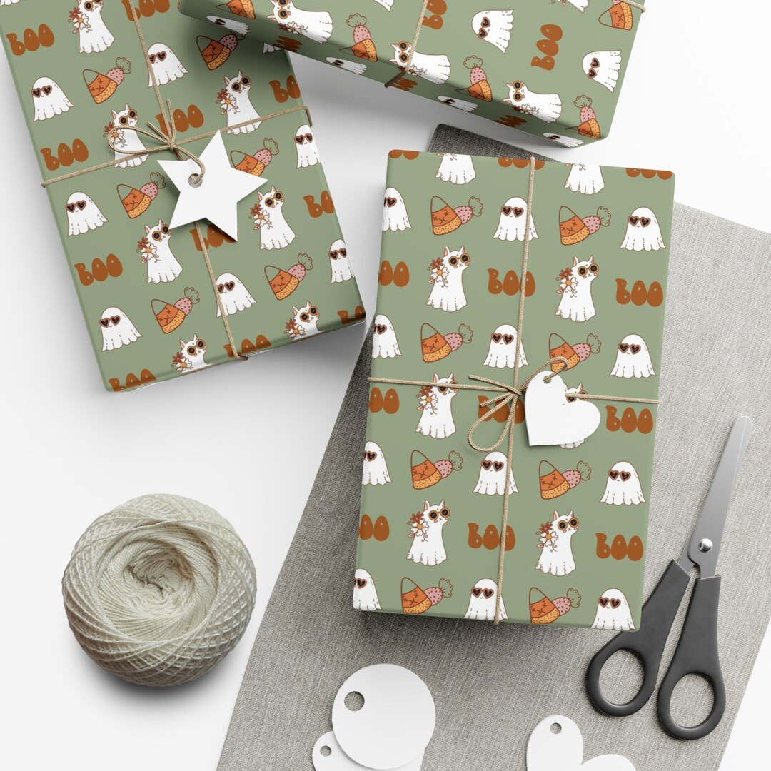 Ghost Halloween Wrapping Paper, Ghost Kitty Gift Wrap Paper for Kids ...