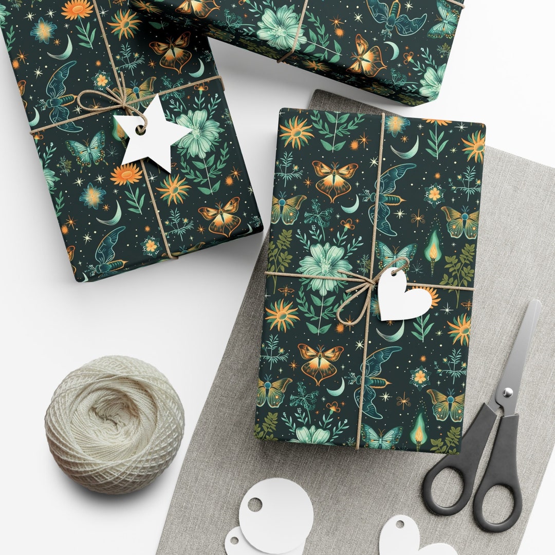 Teal Moth Gift Wrap, Cottagecore Aesthetic Wrapping Paper for Birthdays ...