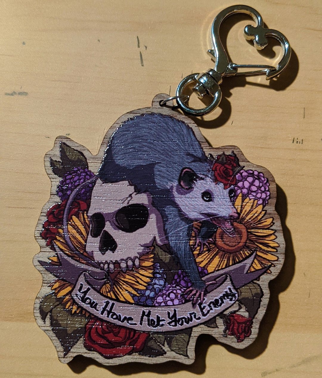 2.5in Possum in Skull Enemy Wooden Charm W/ Heart Clasp Walnut Wood - Etsy