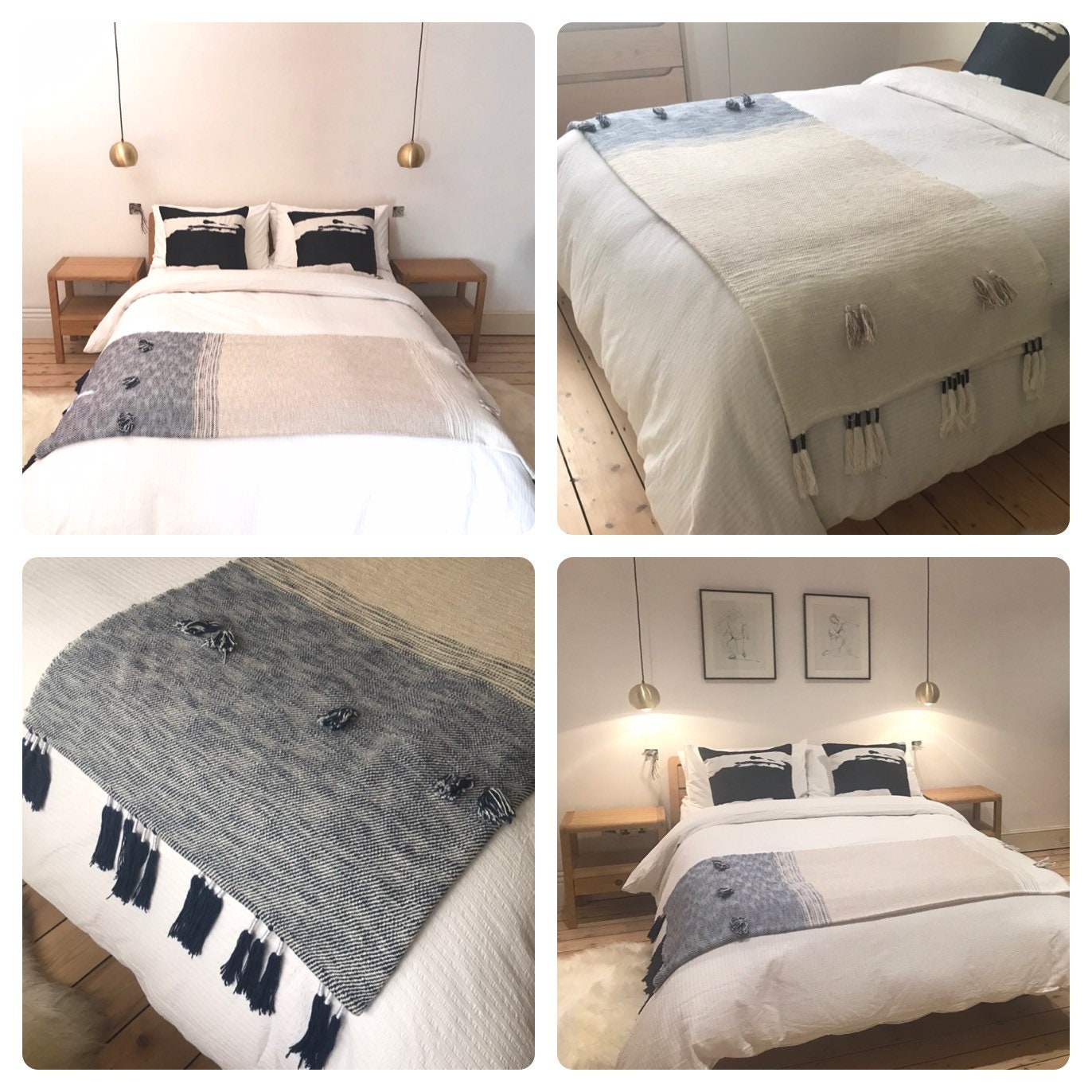 THROW Scandi Tassel Edge 100% Cotton Natural Stone Navy Blue Bed Sofa ...