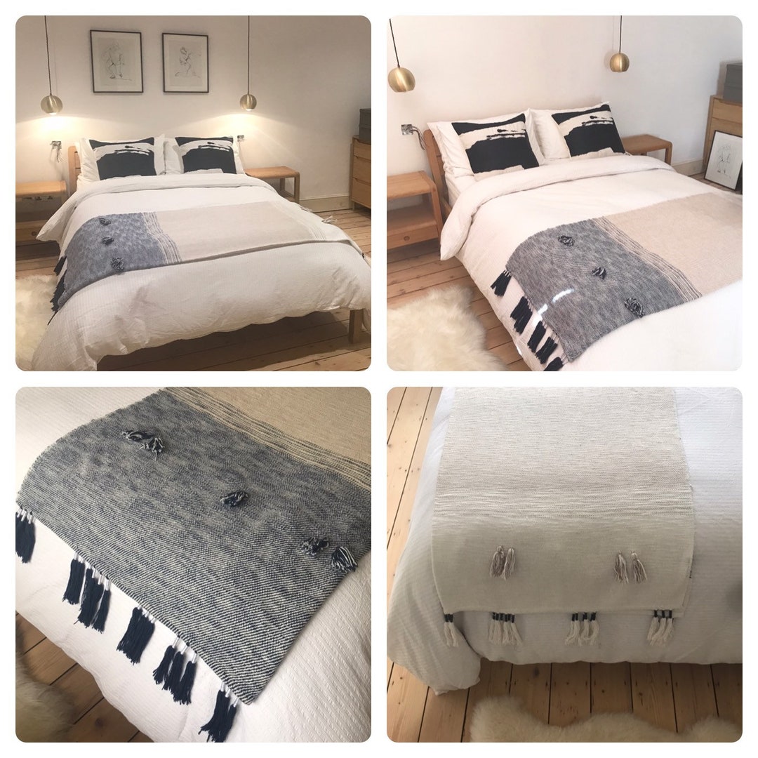 THROW Scandi Tassel Edge 100% Cotton Natural Stone Navy Blue Bed Sofa ...