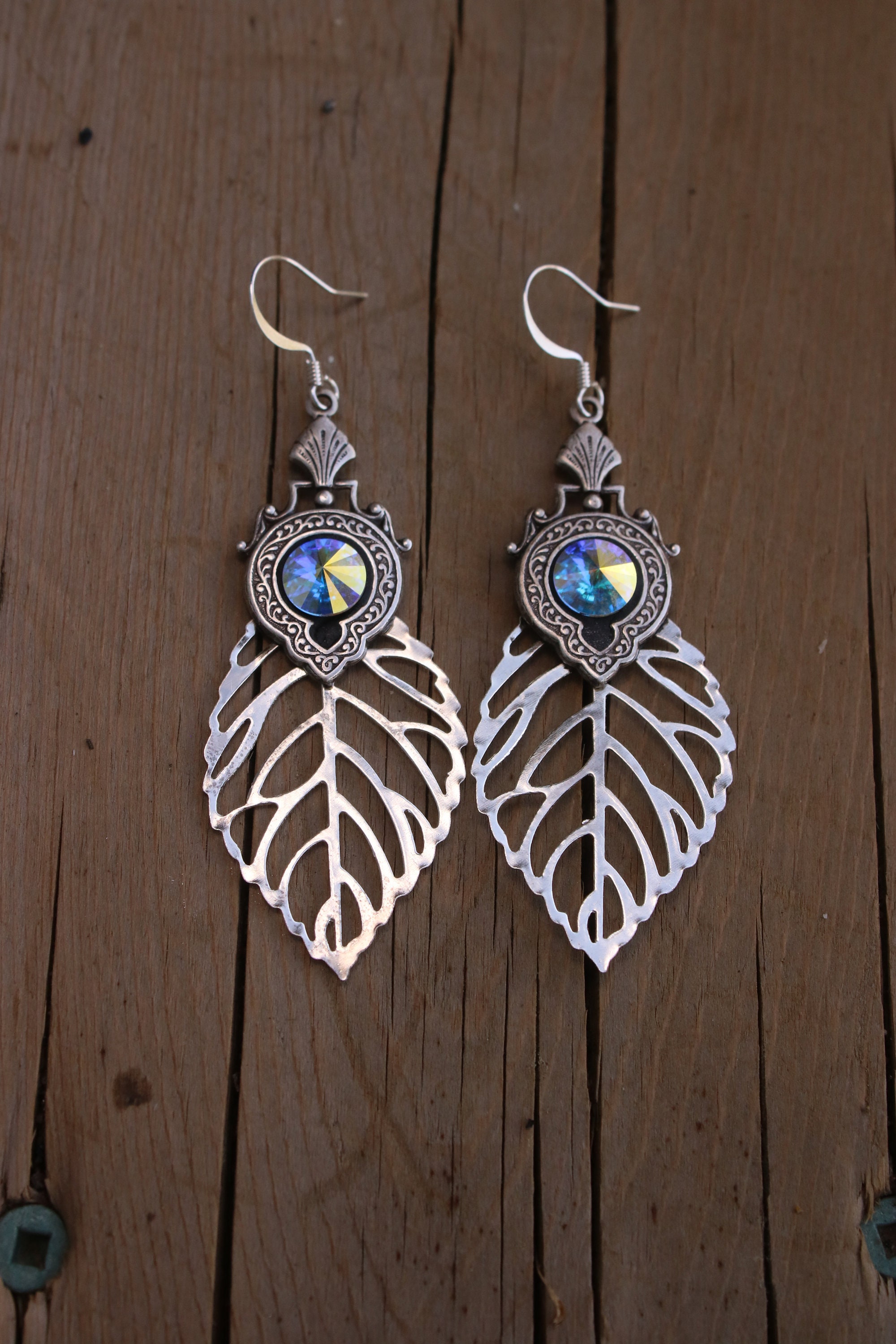 Elvish leaf earrings silver leaf earrings with AB swarvaski | Etsy