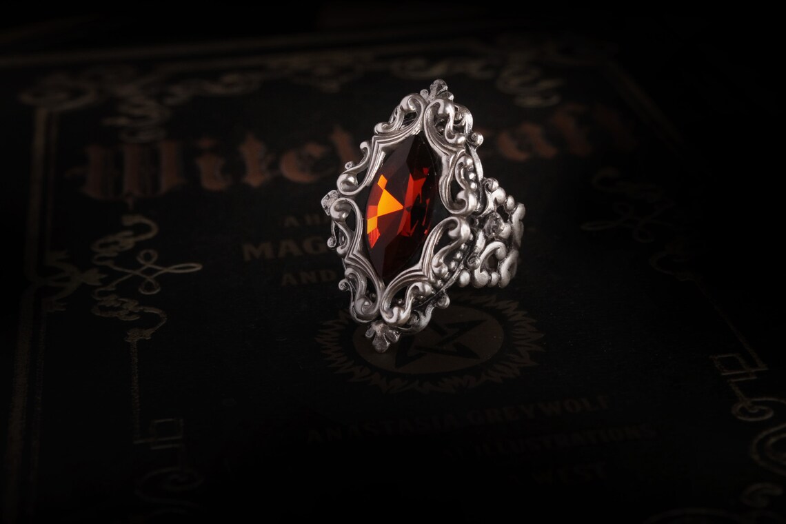 Goth Ring , Vampire Ring , Witch Ring , Red Swarvaski Crystal Gothic ...