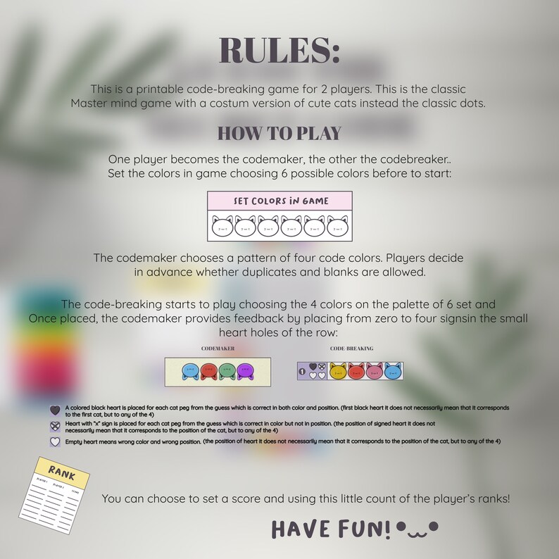 Guess the Code Printable Game Digital Download Cattermind - Etsy