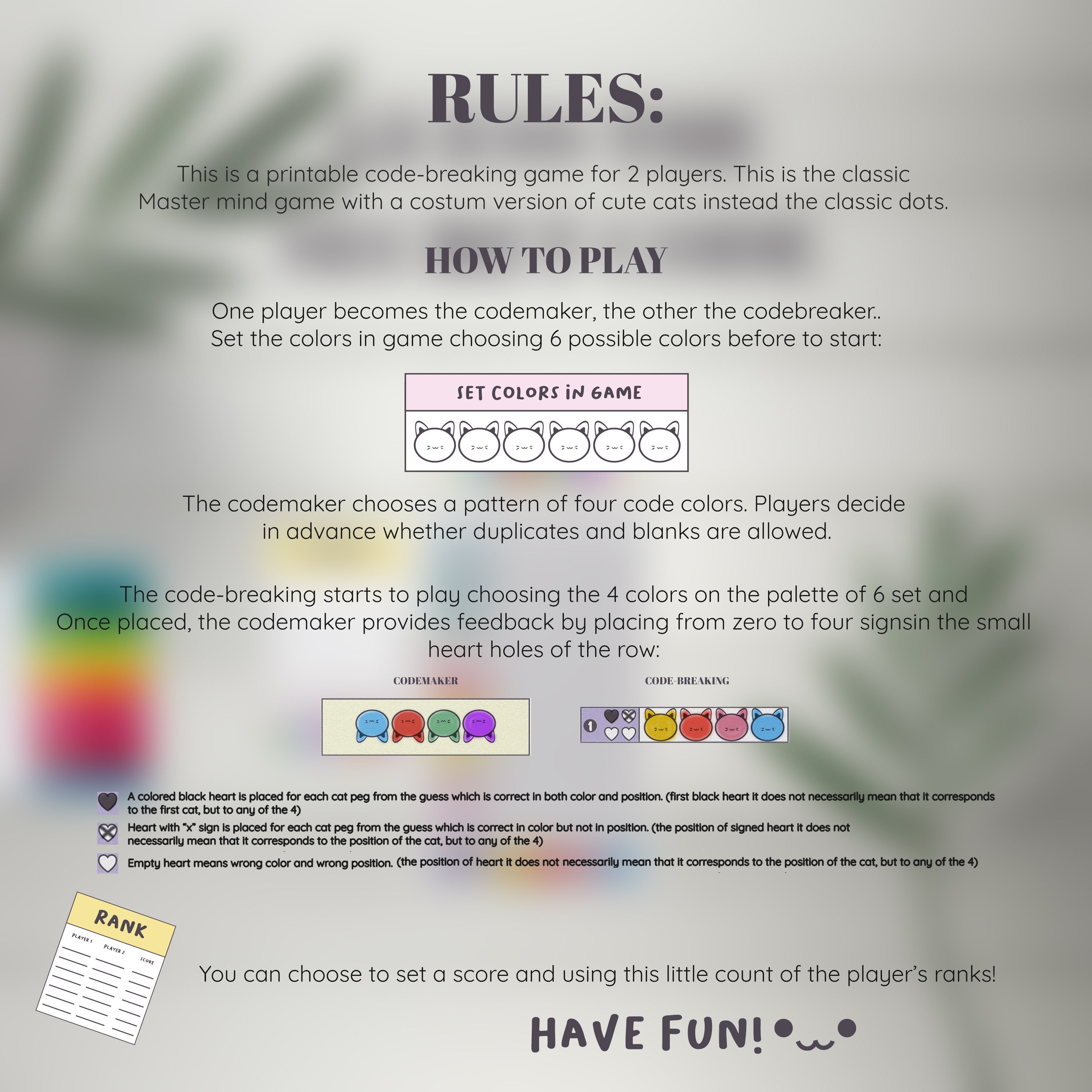 Guess the Code Printable Game Digital Download Cattermind - Etsy