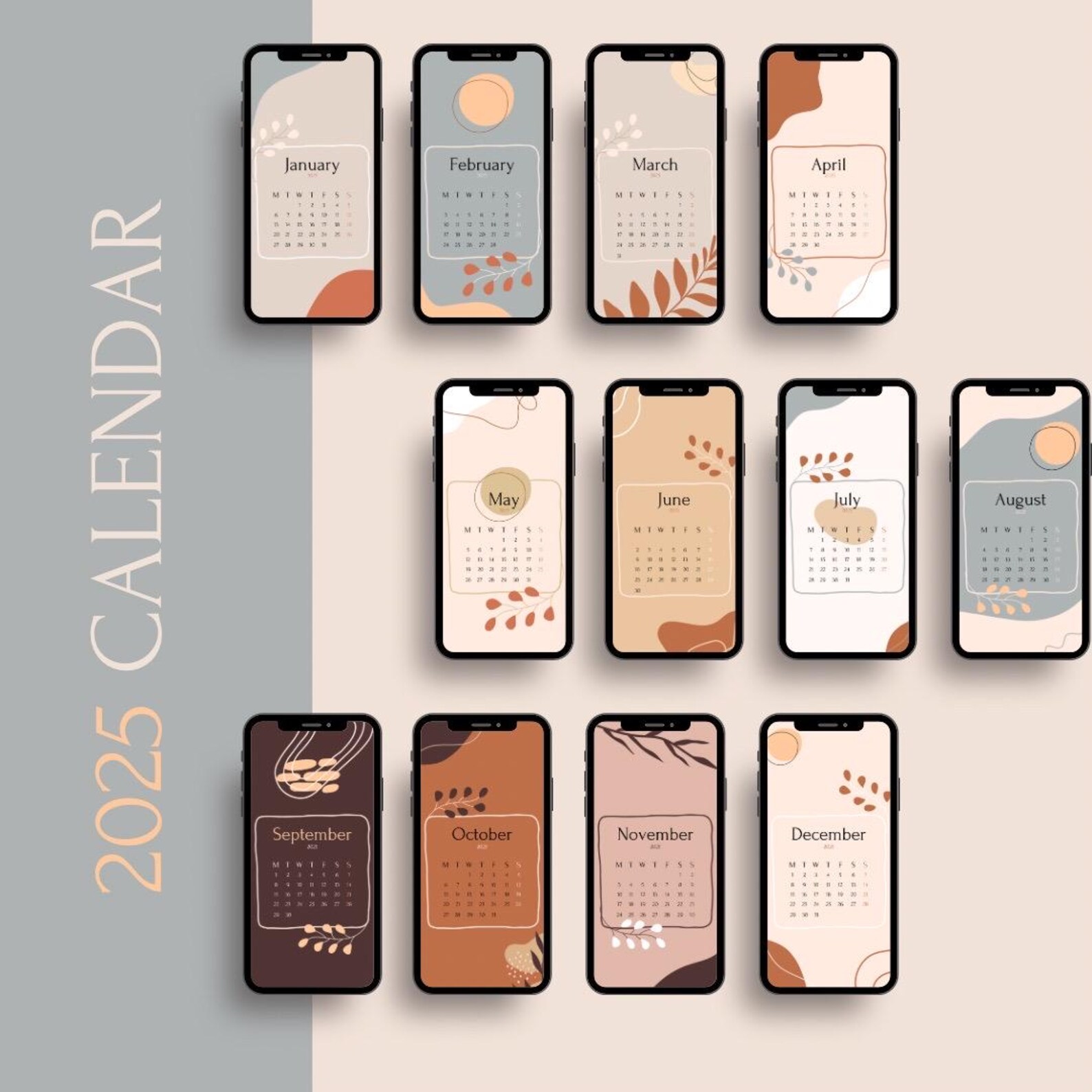 4K Set of 12 Months Calendar 2025 Wallpapers Smartphone and iPad ...