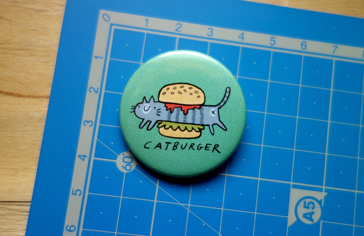 Funny Cat Button / Hamburger Pin - Etsy