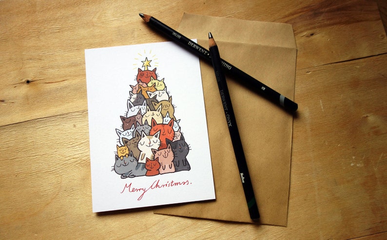 Cute Cat Christmas Card / Cats Tree Postcard - Etsy