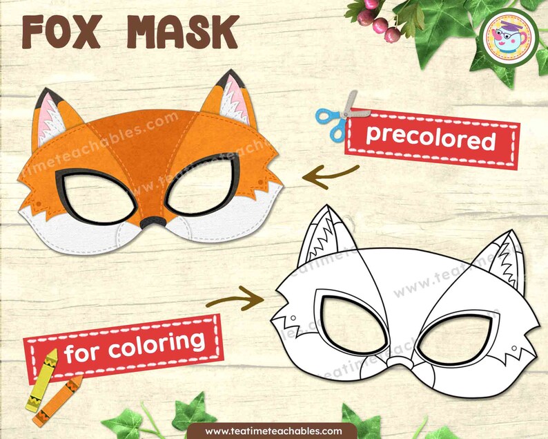 FOX Mask: Precolored and for Coloring - Printable Mask for Kids - PDF ...
