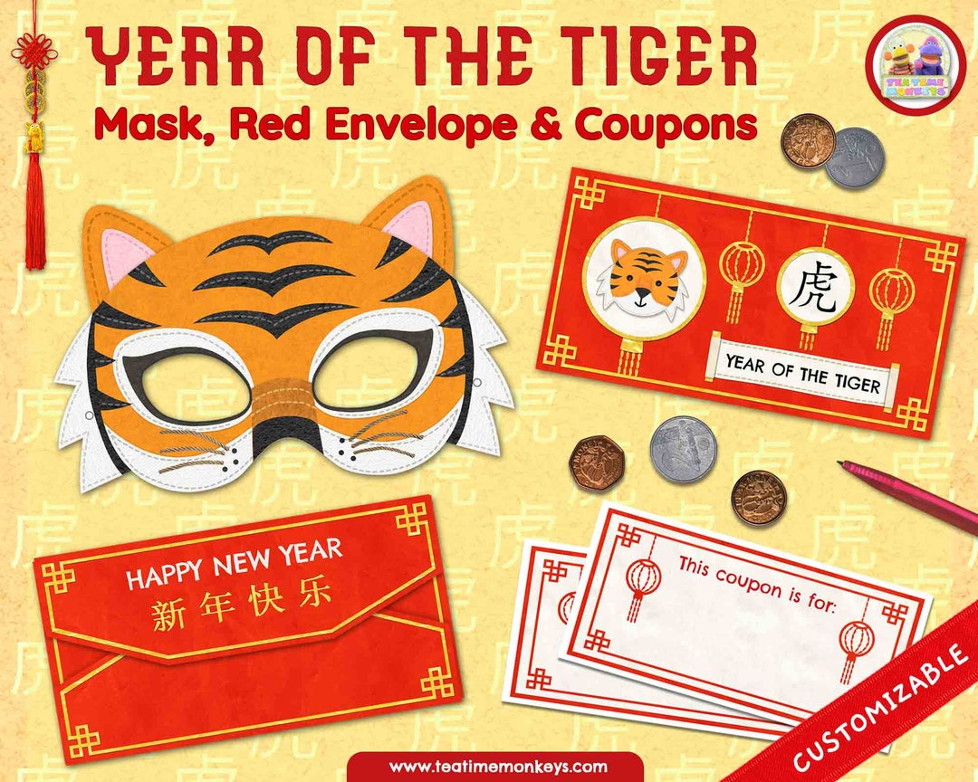 Printable Year of the Tiger Mask & Lucky Red Umschlag mit Coupons in ...
