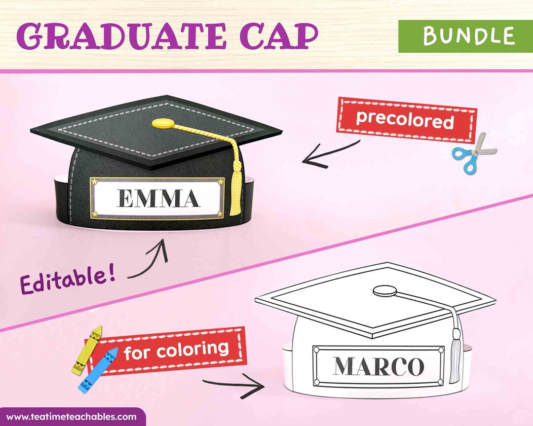 Printable GRADUATE CAP Bundle | Precolored Black and Black Line for ...