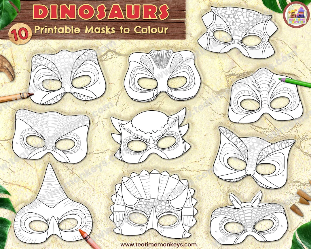 DINOSAURS Masks for Kids TEN Printable Masks to Color PDF Dinosaur ...